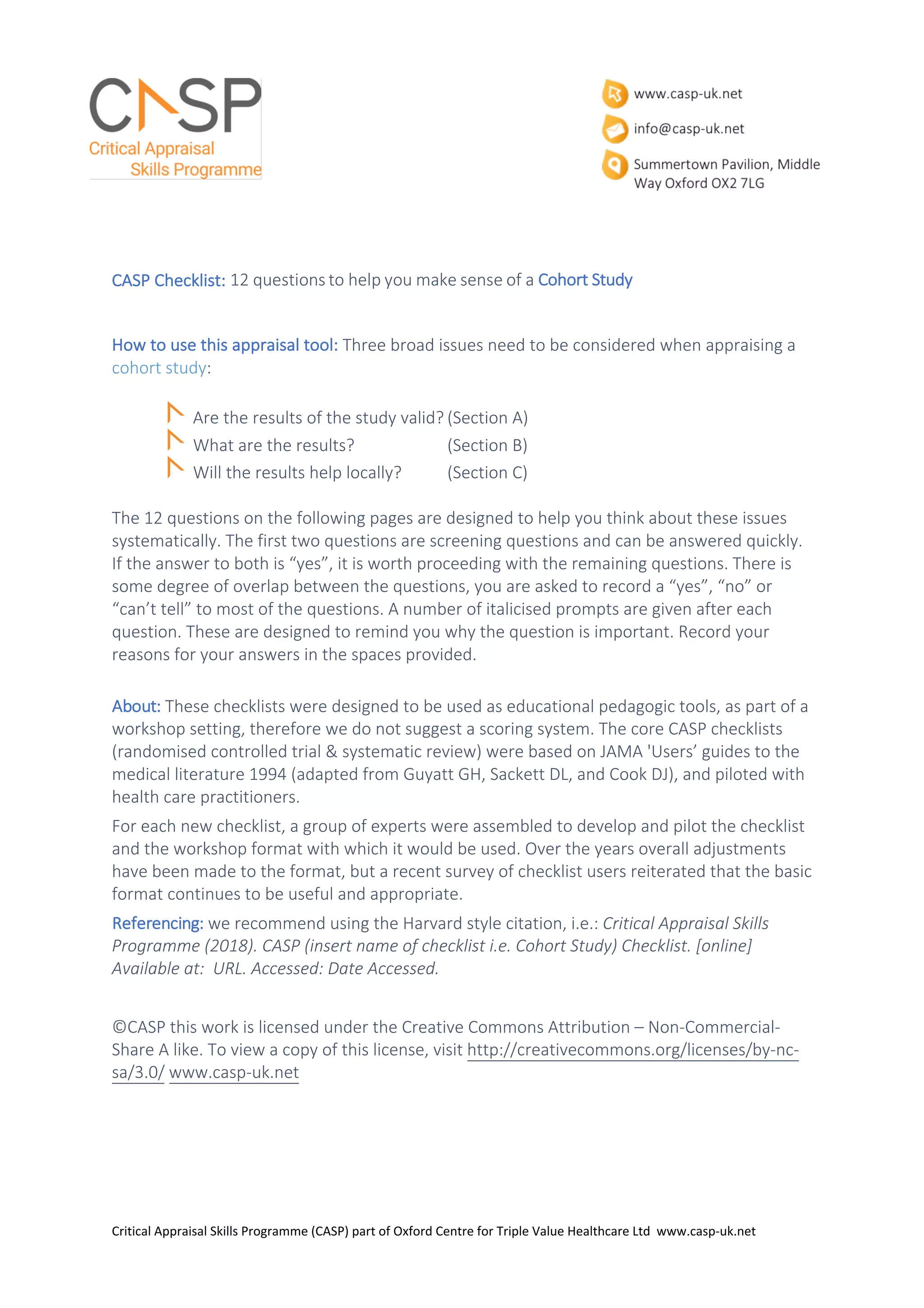 Critical Appraisal Skills Programme (CASP) Tool for Cohort Studies ...