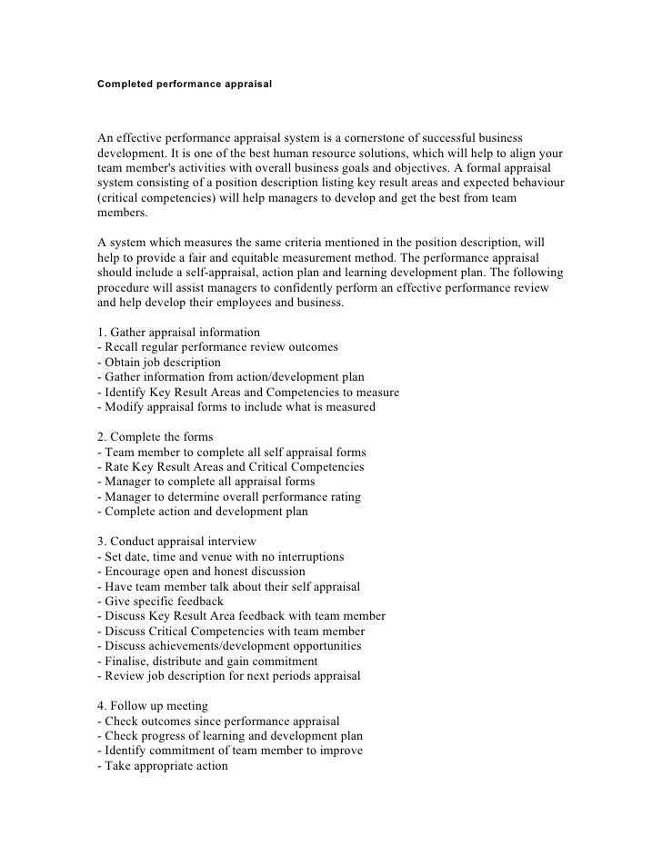 Completed Performance Appraisal Completed Performance Appraisal