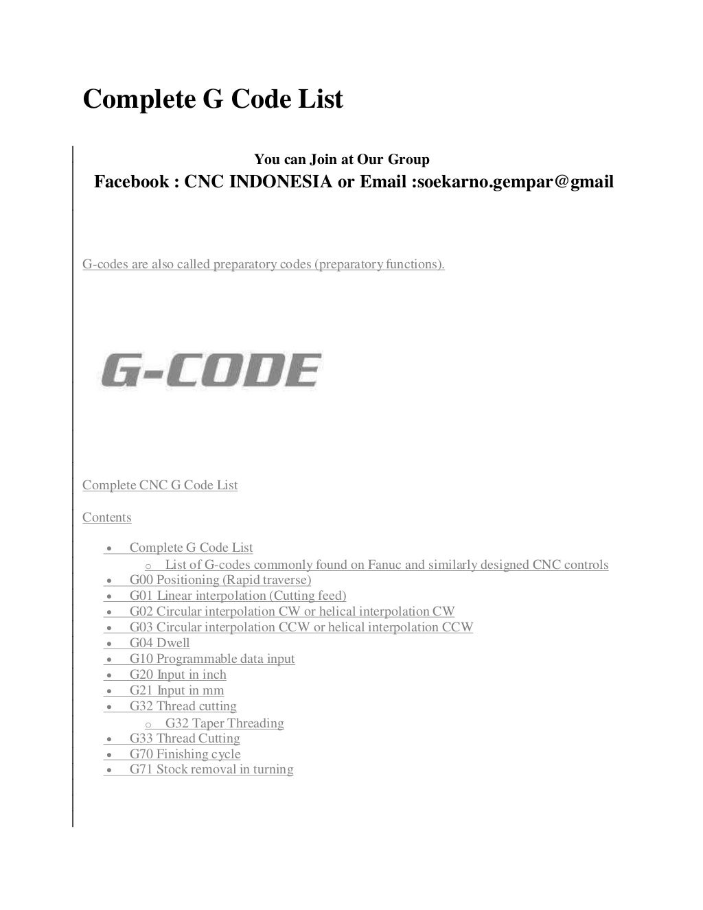 Complete g code list