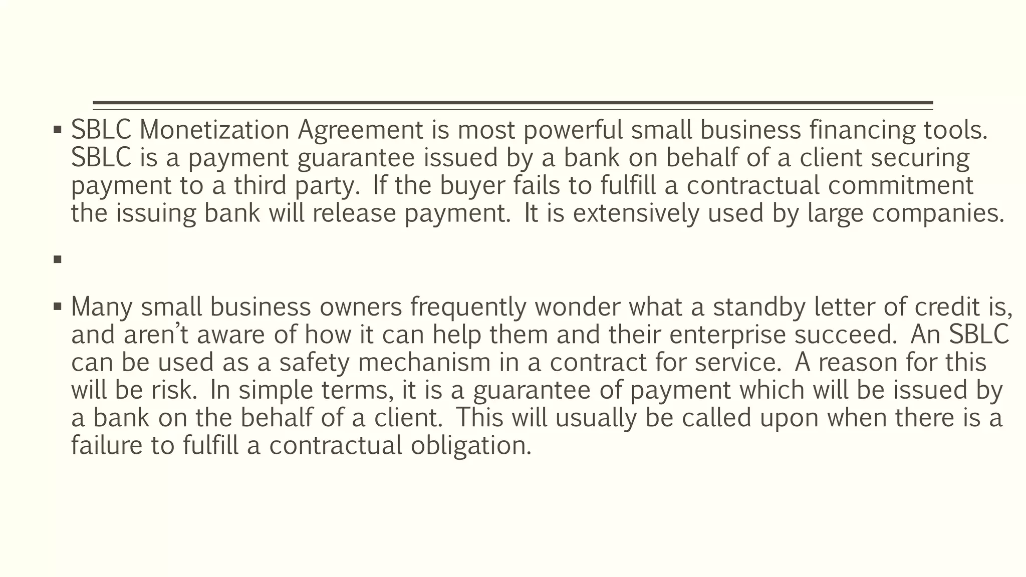 Complete guide for sblc monetization agreement | PPTX
