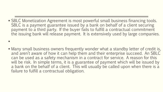 Complete guide for sblc monetization agreement | PPTX | Business Banking & Finance | Business