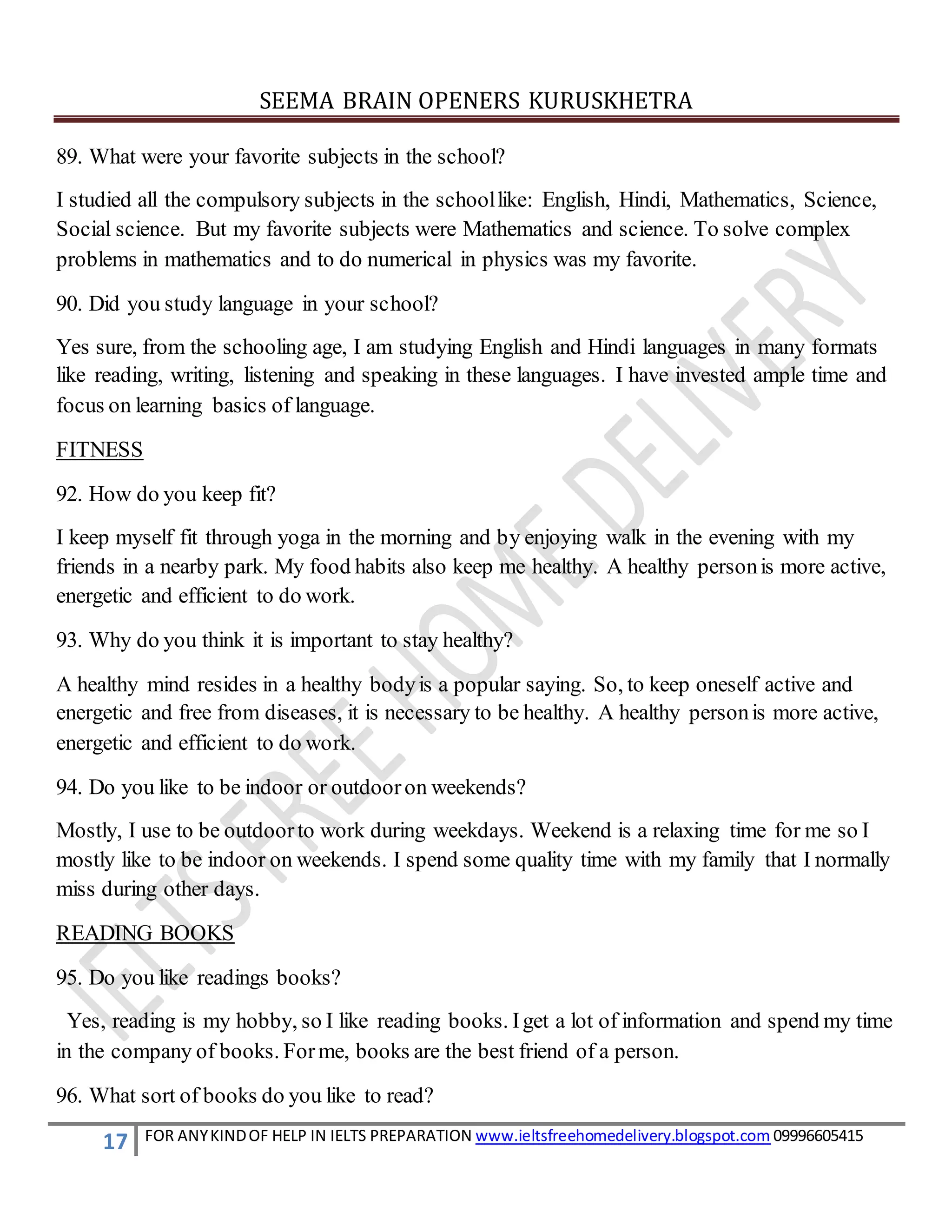 Complete IELTS Speaking Notes by Seema Brain Openers | PDF