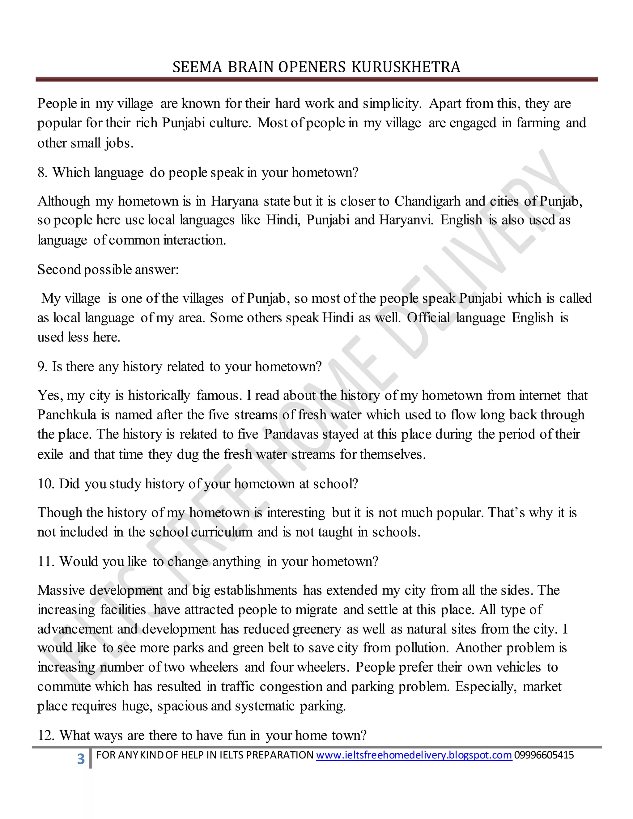 Complete IELTS Speaking Notes by Seema Brain Openers | PDF