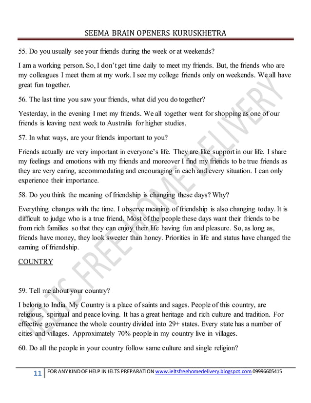 Complete IELTS Speaking Notes by Seema Brain Openers | PDF