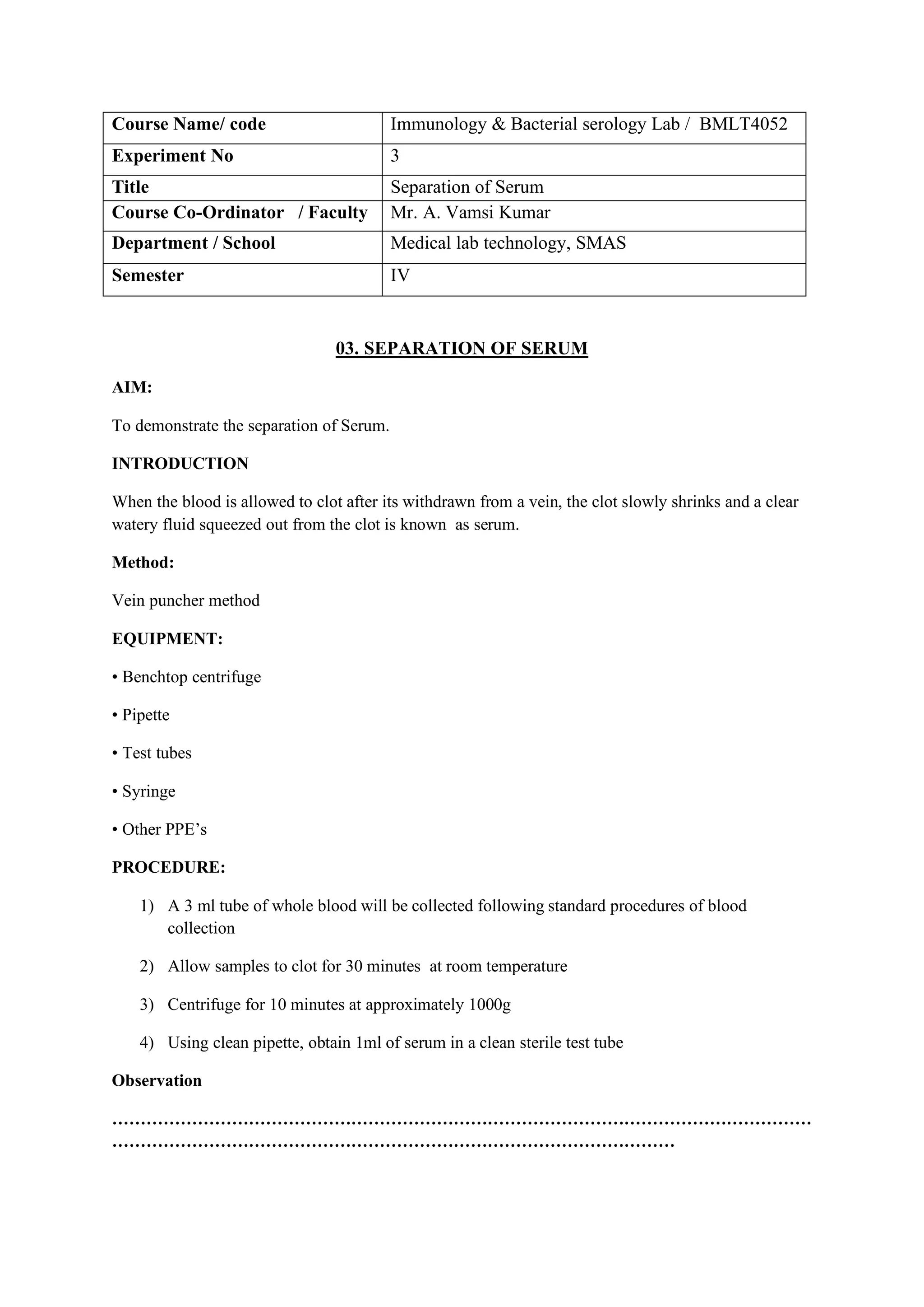 Immunology & Bacterial serology Lab manual | PDF