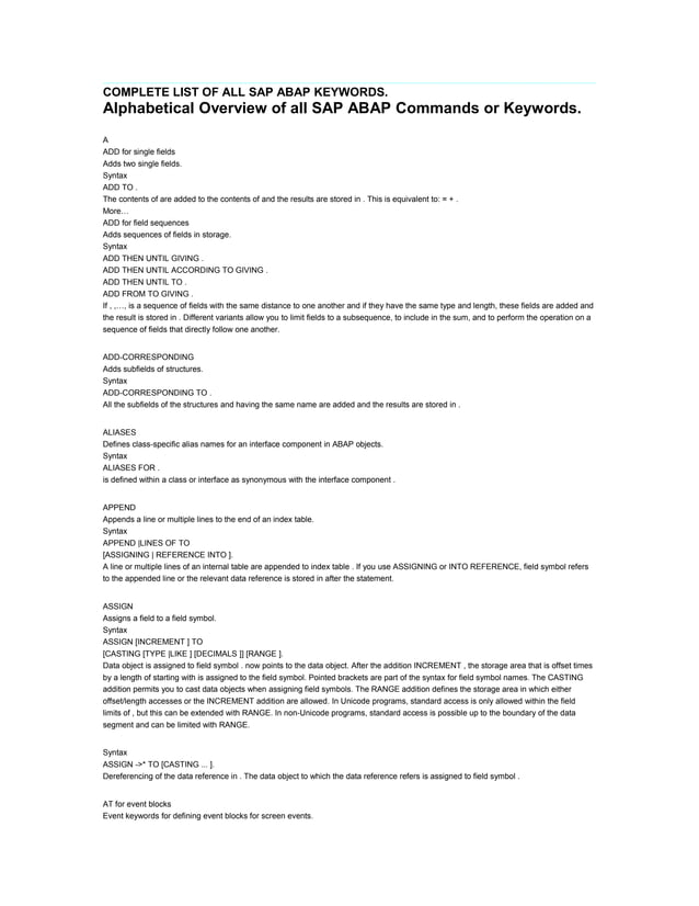 Complete list of all sap abap keywords | DOC | Programming Languages | Computing