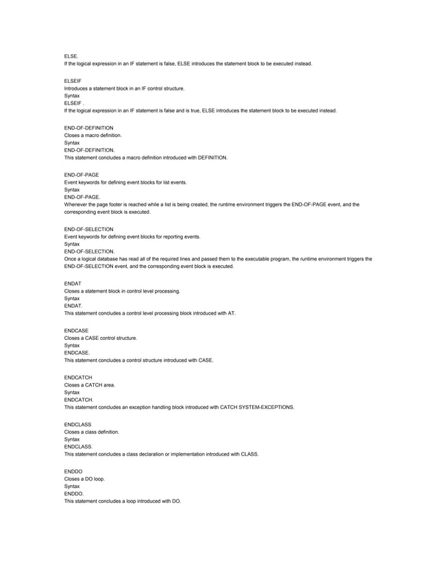 Complete list of all sap abap keywords | DOC | Programming Languages | Computing