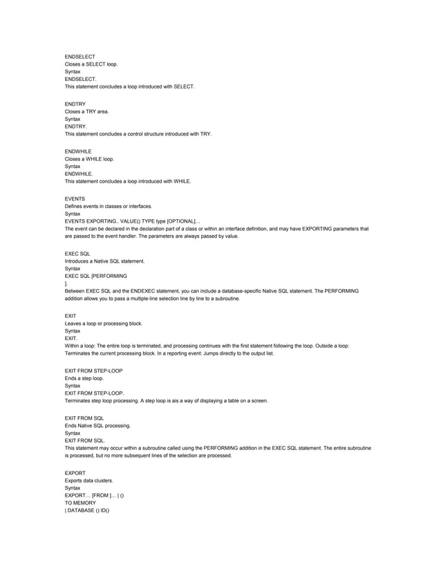 Complete list of all sap abap keywords | DOC | Programming Languages | Computing