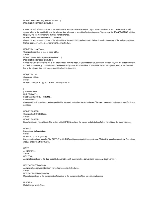 Complete list of all sap abap keywords | DOC | Programming Languages | Computing