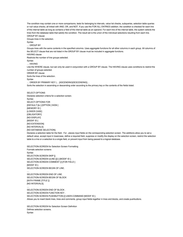 Complete list of all sap abap keywords | DOC | Programming Languages | Computing