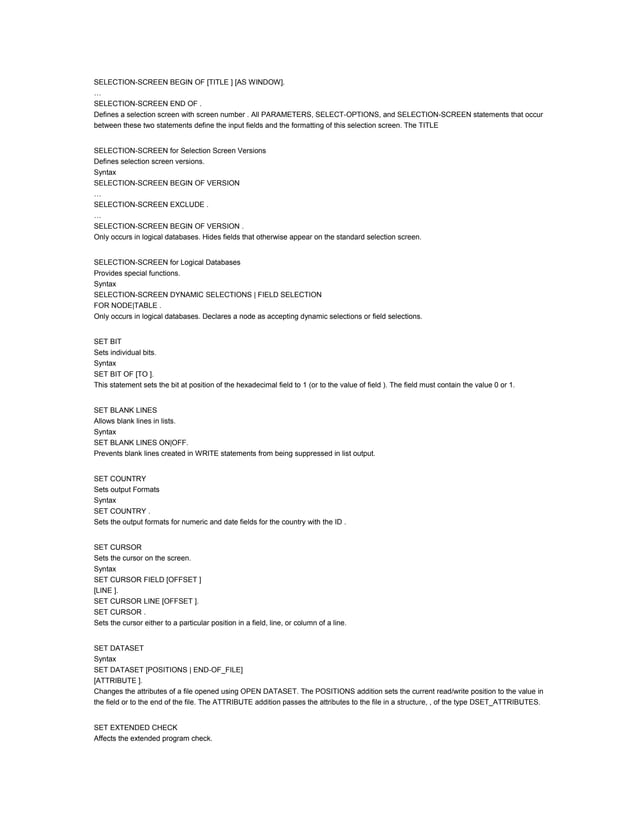 Complete list of all sap abap keywords | DOC | Programming Languages | Computing