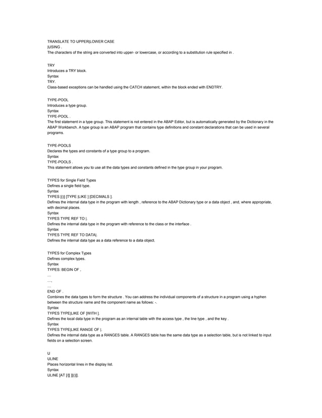 Complete list of all sap abap keywords | DOC | Programming Languages | Computing