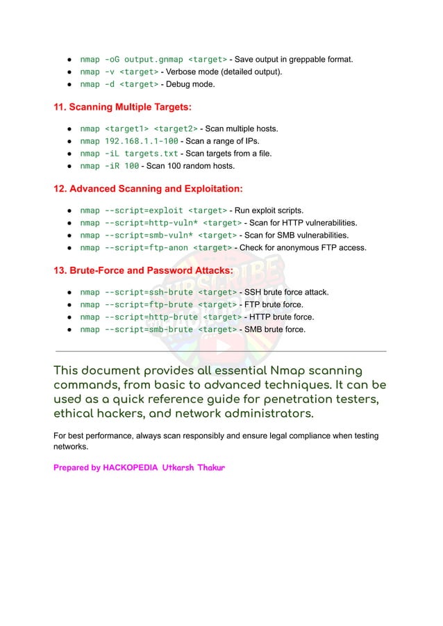 Complete Nmap Scanning Commands CheatSheet by Hackopedia Utkarsh Thakur | PDF