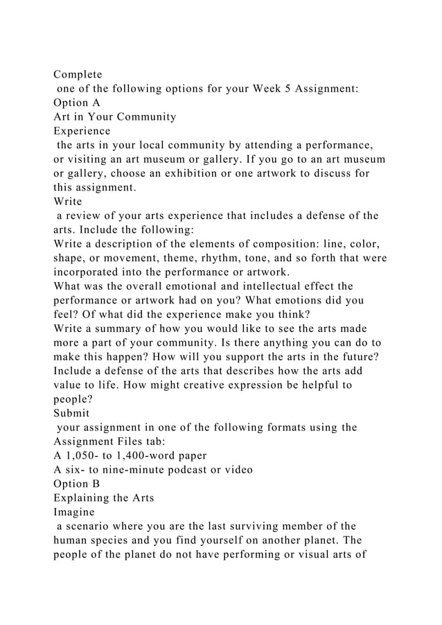 Complete one of the following options for your Week 5 Assignment.docx | Arts and Crafts ...