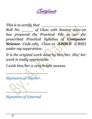 Complete practical file of class xii cs 2021-22 | PDF