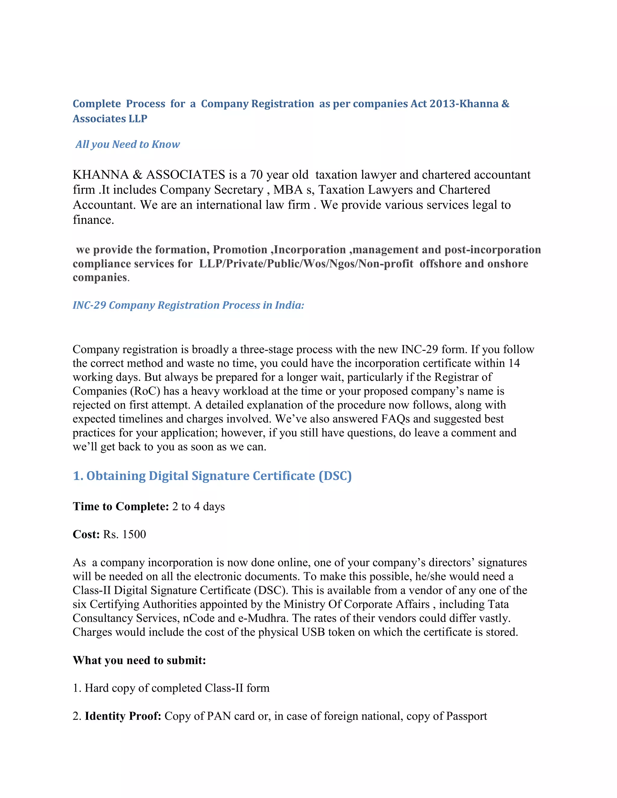Complete process for a company registration as per companies act 2013 | PDF