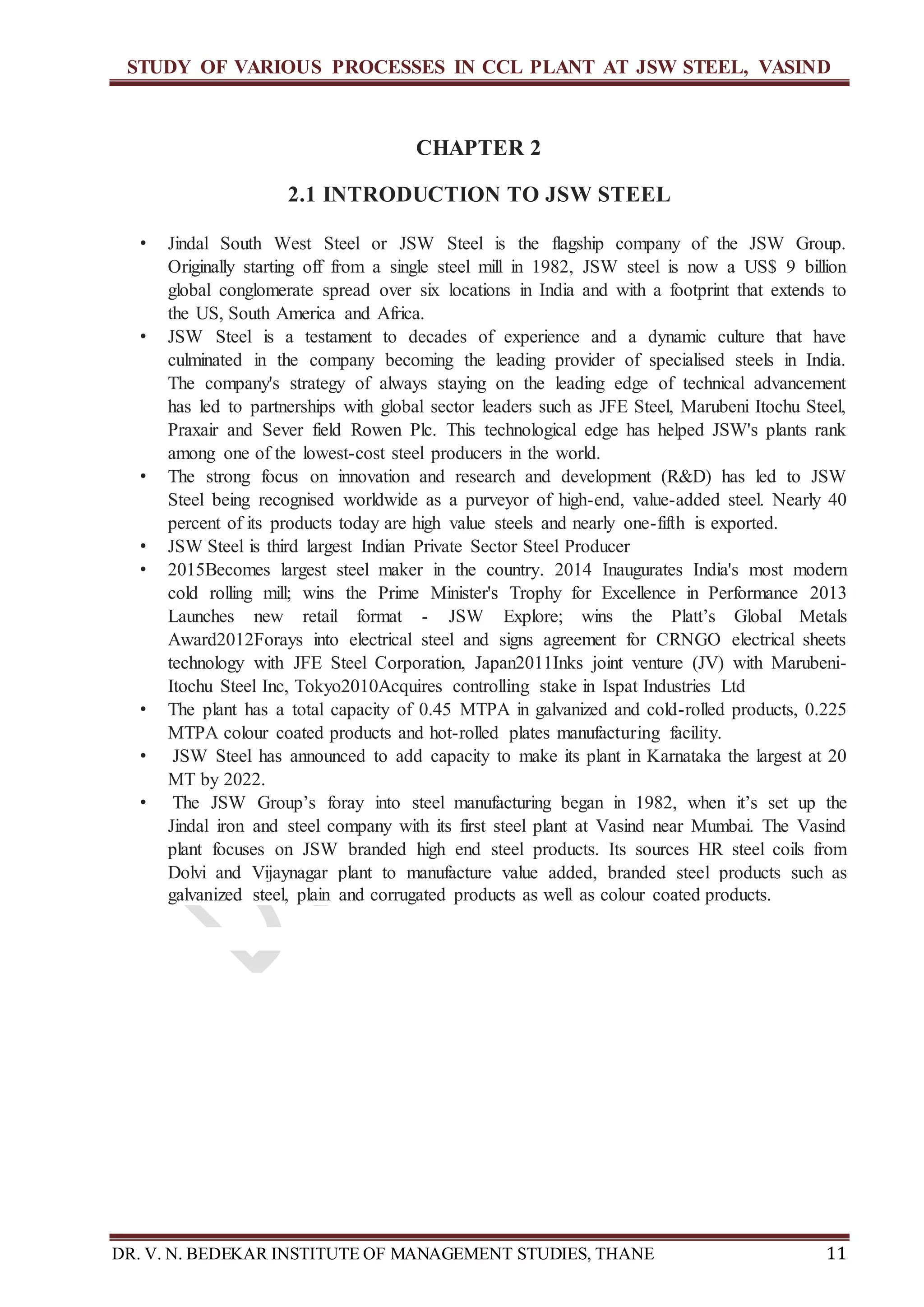 Study of various process in CCL plant at JSW Steel,Vasind | DOCX