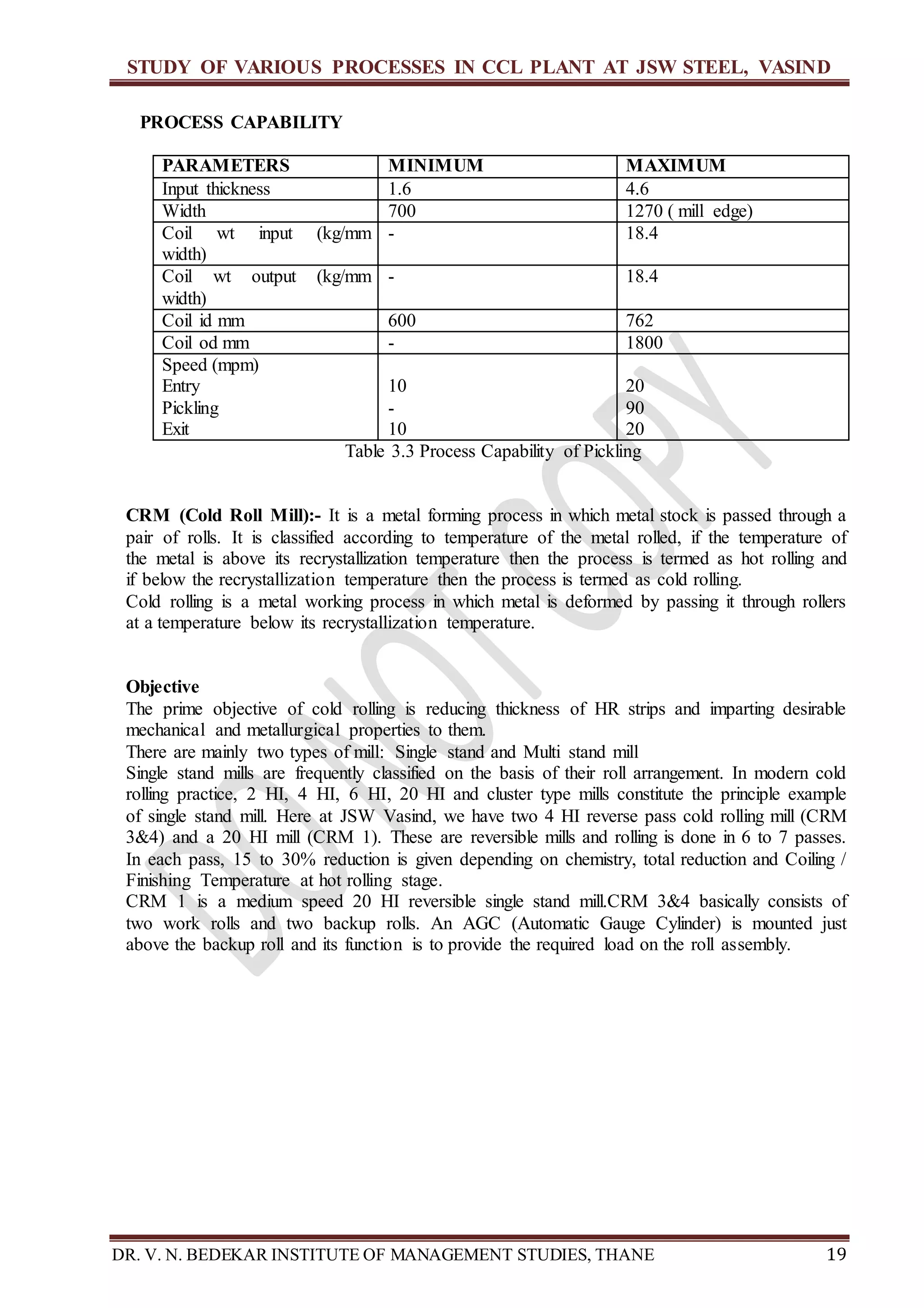 Study of various process in CCL plant at JSW Steel,Vasind | DOCX