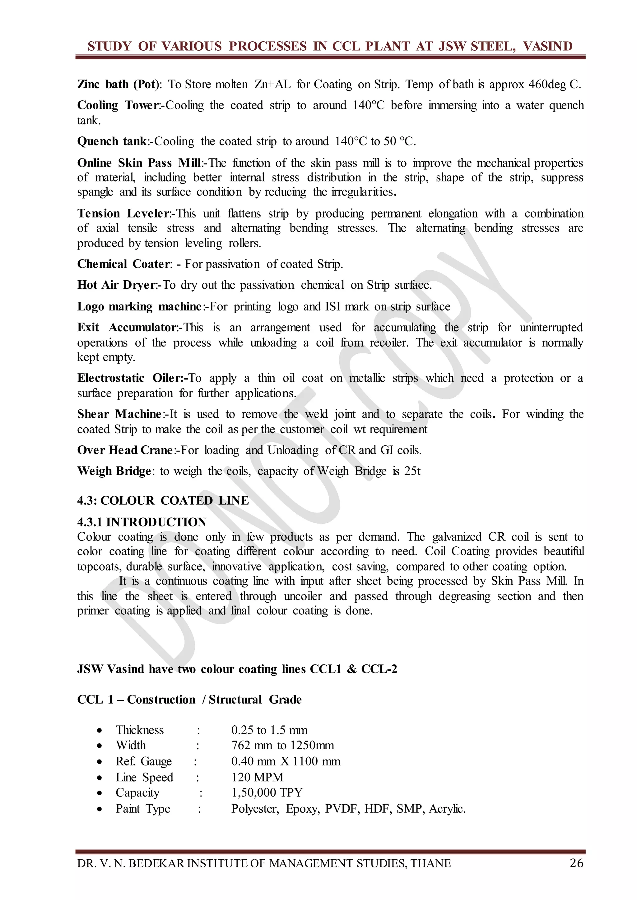 Study of various process in CCL plant at JSW Steel,Vasind | DOCX