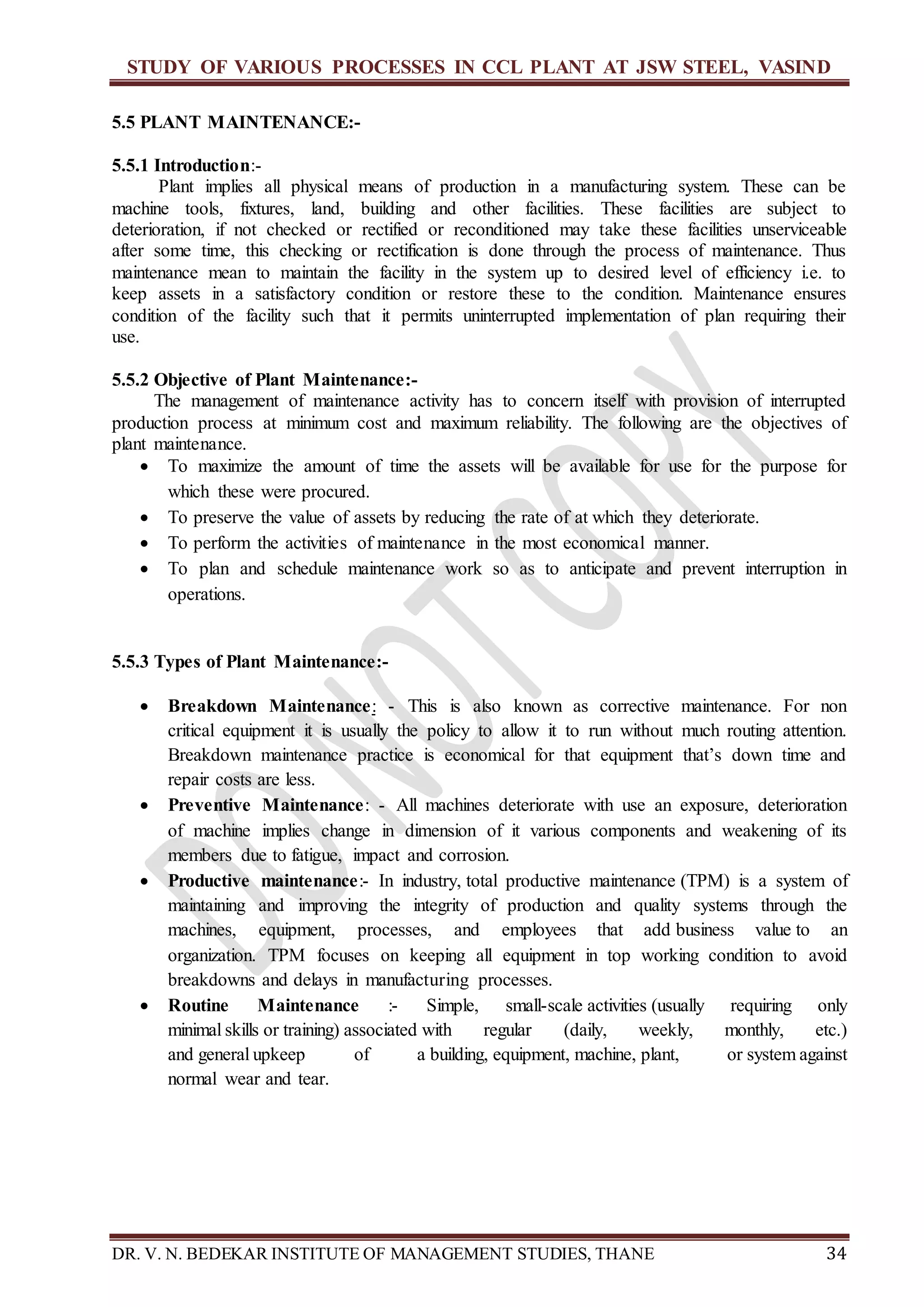 Study of various process in CCL plant at JSW Steel,Vasind | DOCX