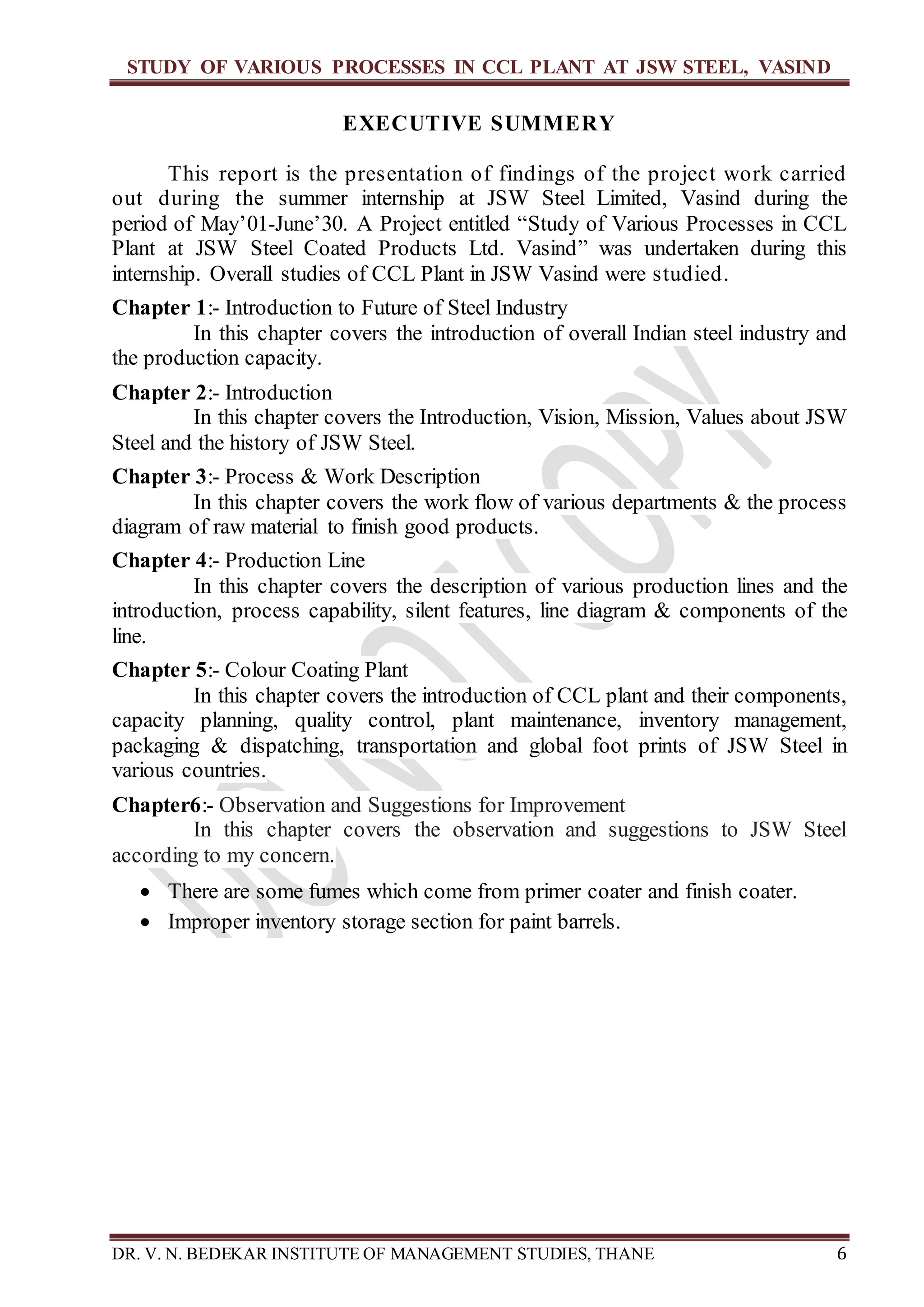 Study of various process in CCL plant at JSW Steel,Vasind | DOCX