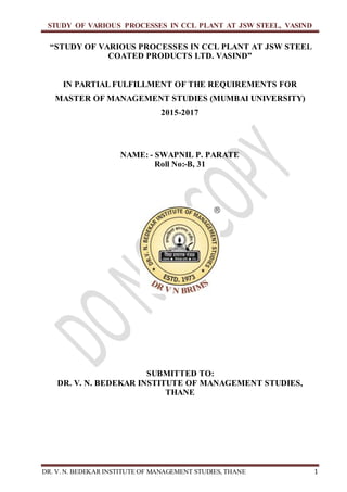 Study of various process in CCL plant at JSW Steel,Vasind | DOCX