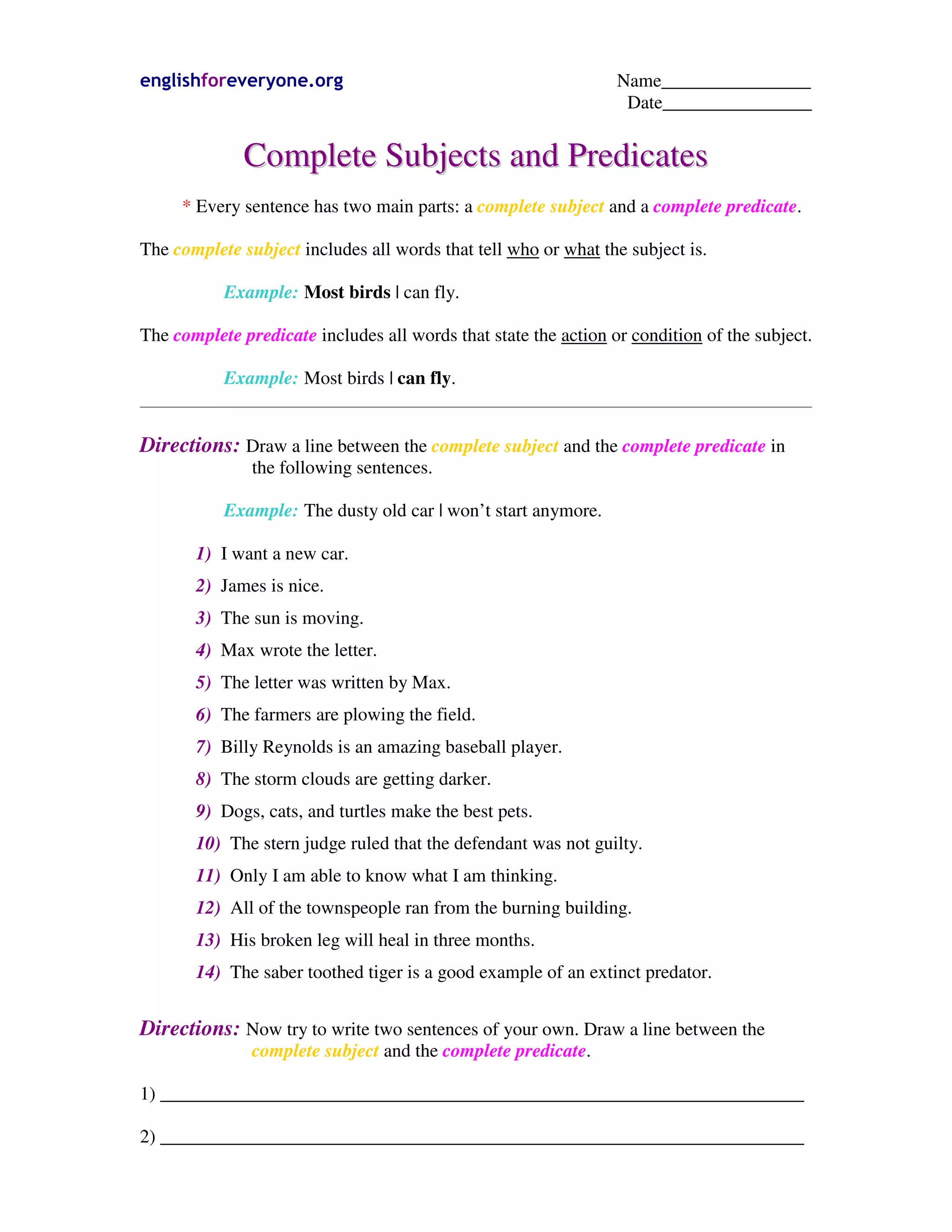 Complete subjects and predicates | PDF
