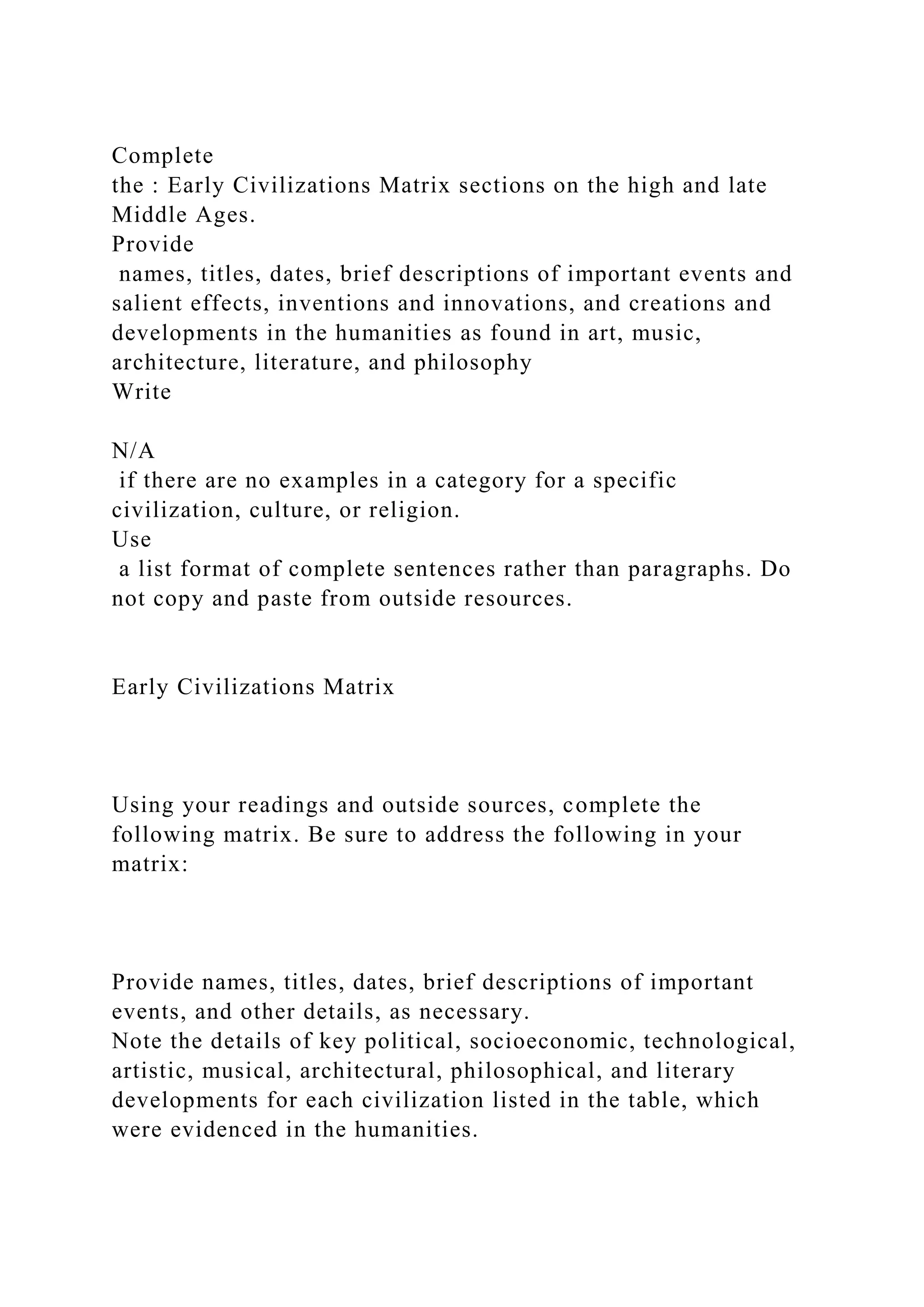 Complete the Early Civilizations Matrix sections on the high and.docx