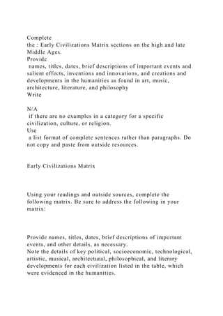 Complete the Early Civilizations Matrix sections on the high and.docx
