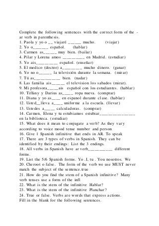 Complete the following sentences with the correct form of the -ar | PDF