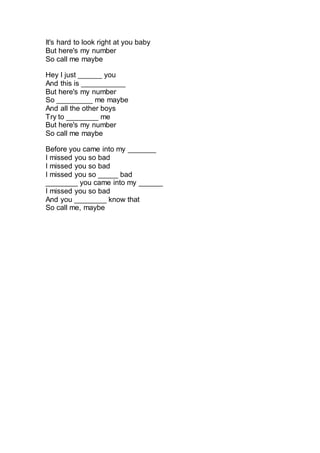 Complete the lyrics (Call Me Maybe) | DOCX