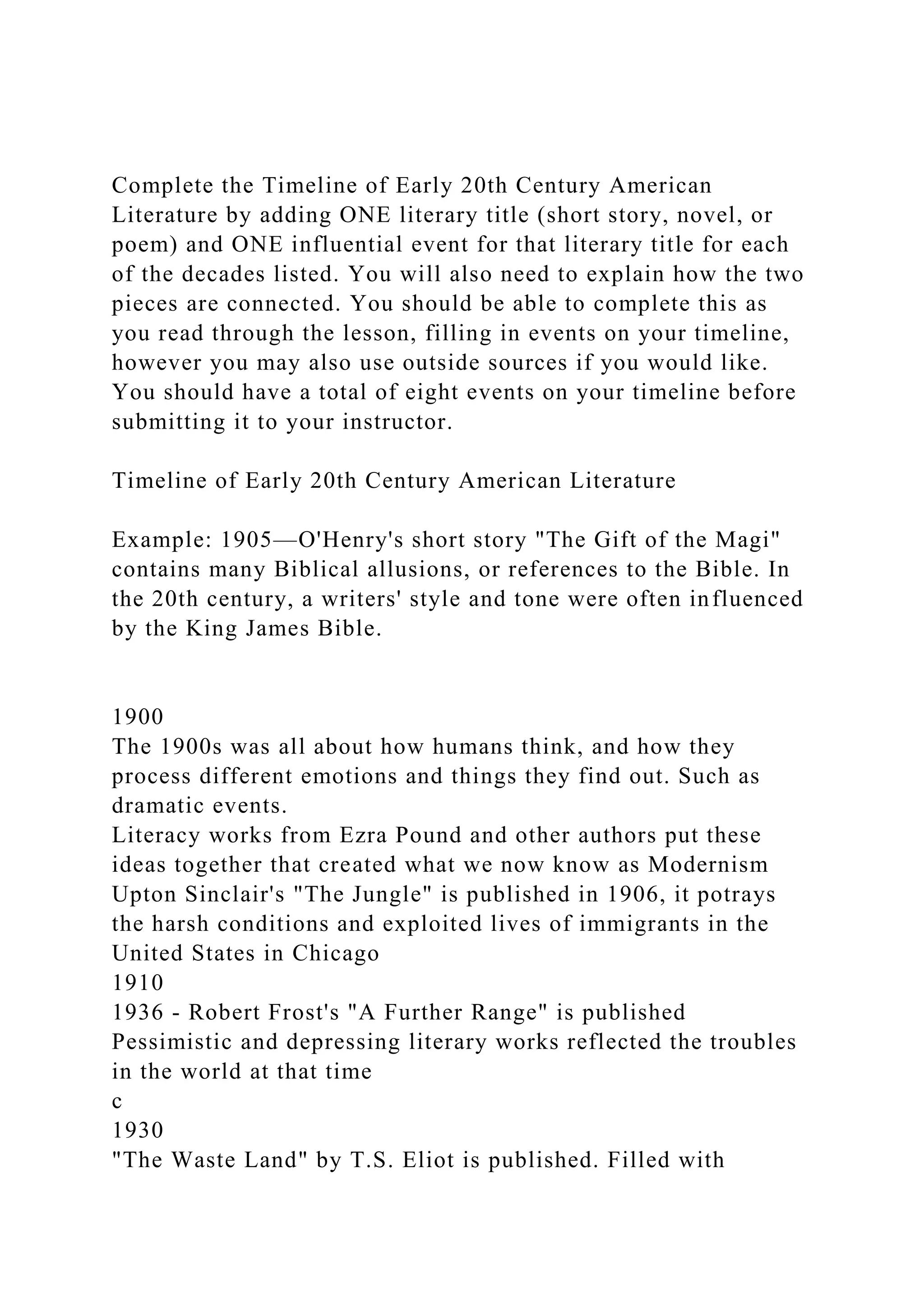 Complete the Timeline of Early 20th Century American Literature by.docx