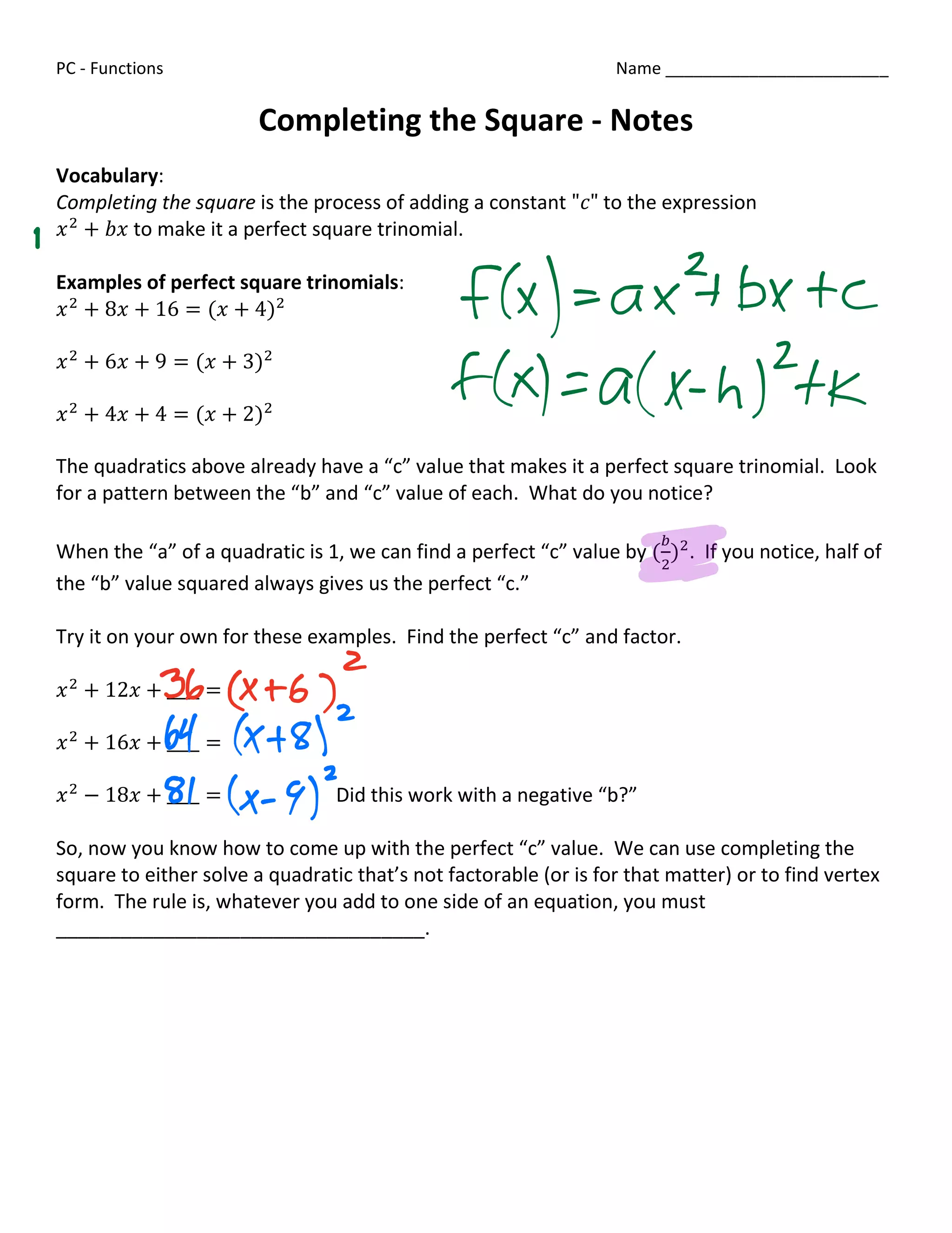 Completing the square class notes | PDF