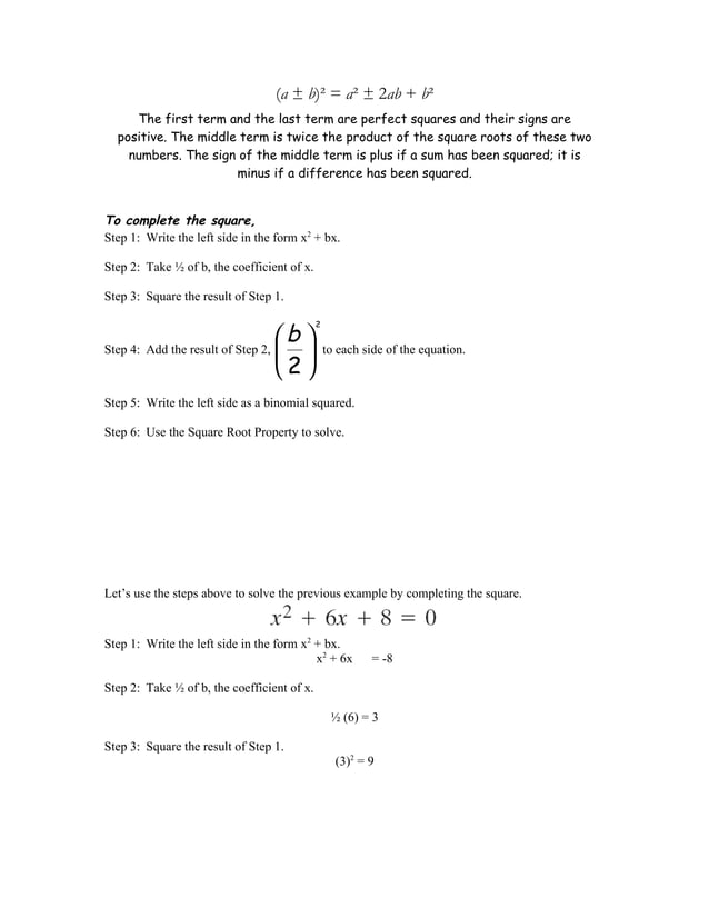 Completing the square notes | DOC