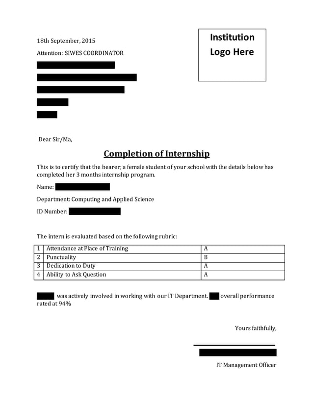 Completion of internship sample | PDF