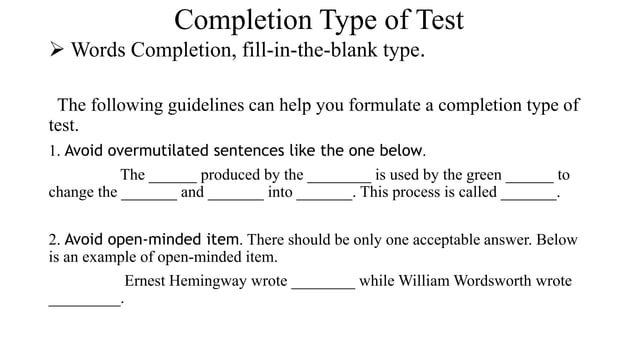 Completion type of test | PPTX | Educational Assessment | Education