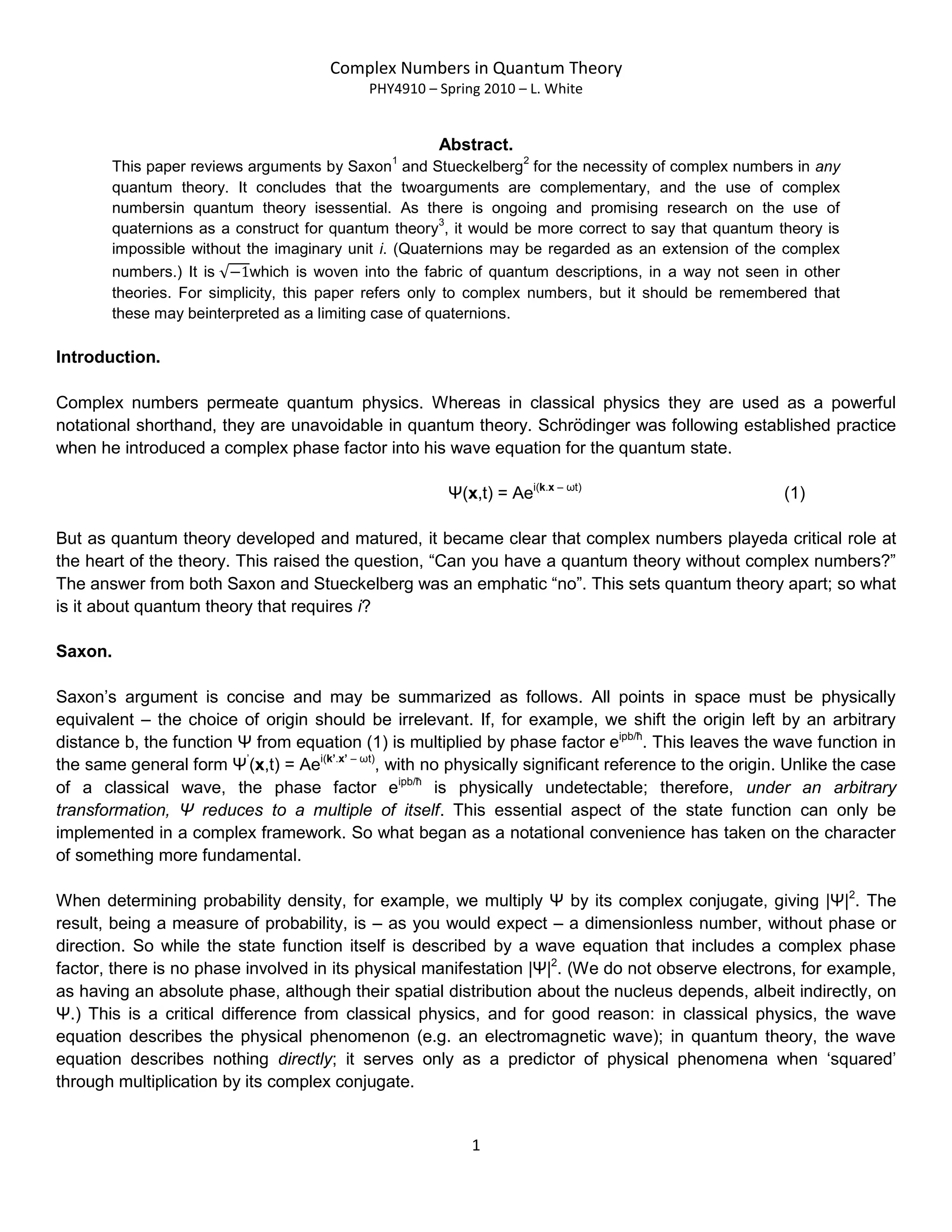 Complex Numbers in Quantum Theory | DOCX