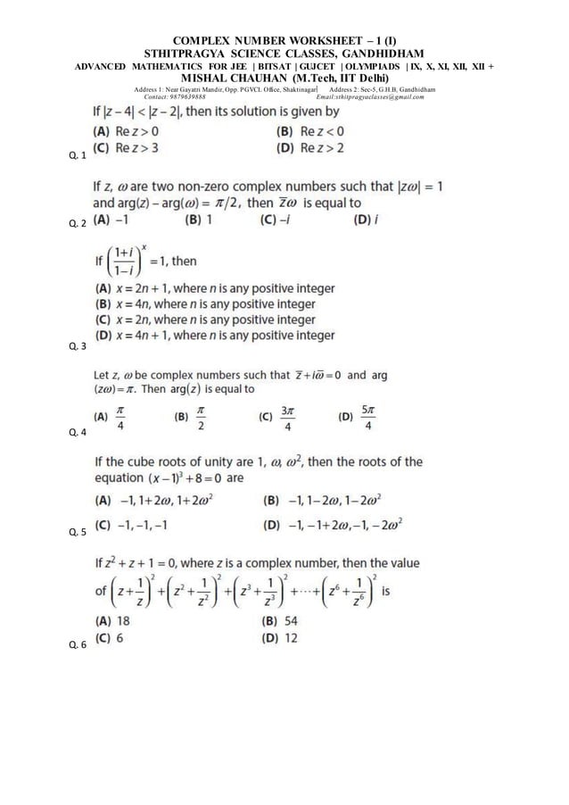 Complex number worksheet 1 (i) | DOCX | Educational Assessment | Education