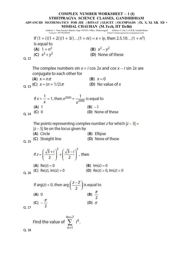 Complex number worksheet 1 (i) | DOCX | Educational Assessment | Education