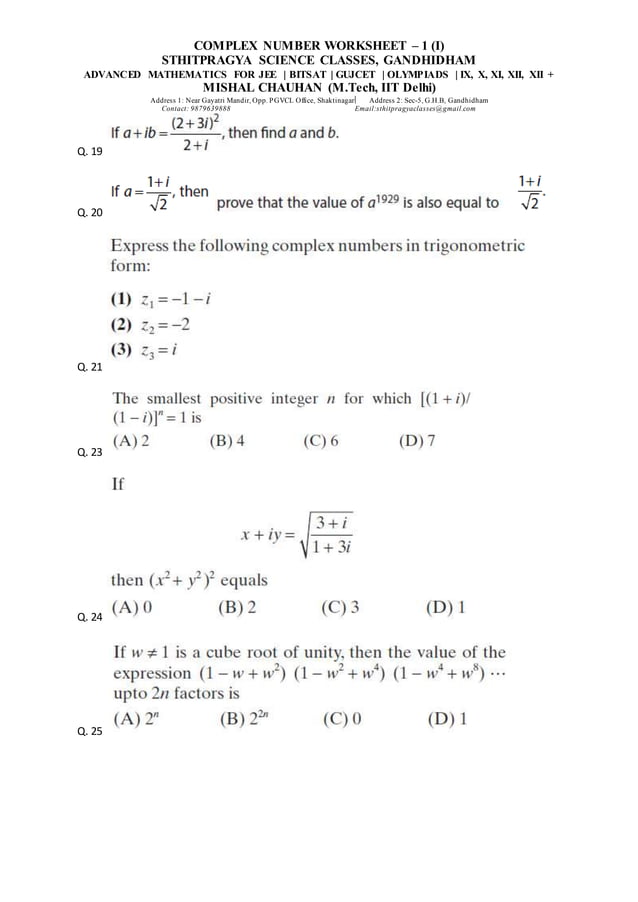 Complex number worksheet 1 (i) | DOCX | Educational Assessment | Education