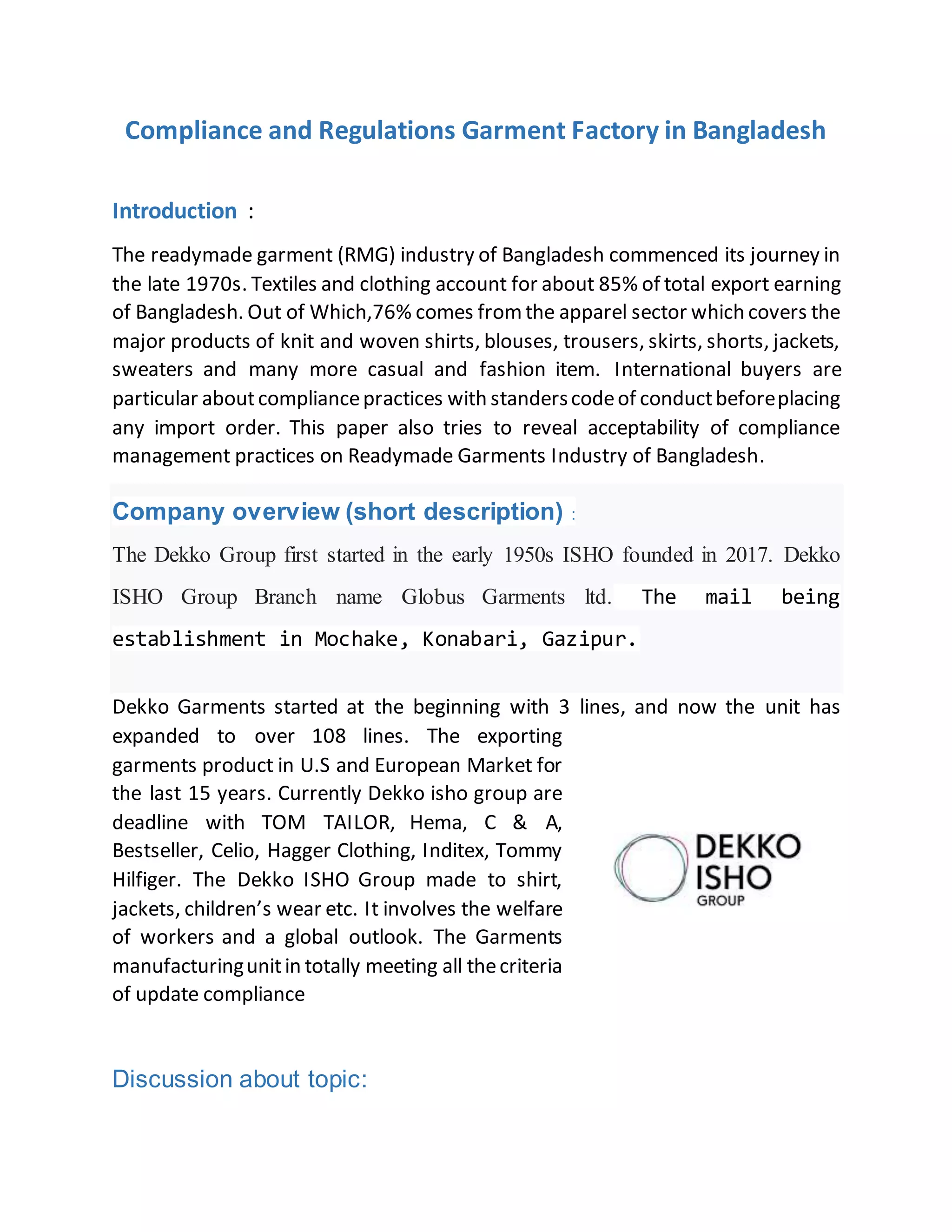 Compliance and regulations garment factory in bangladesh | DOCX