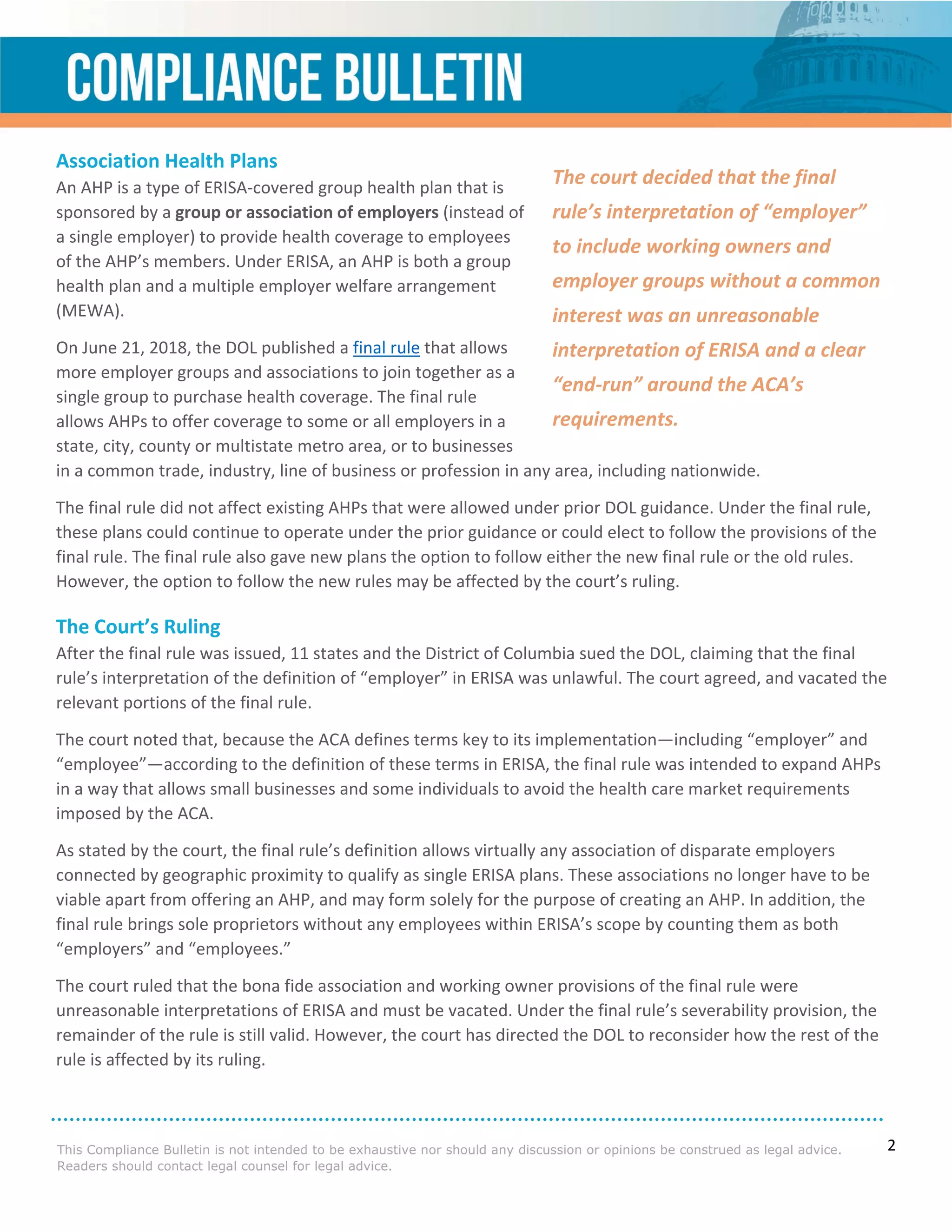 Compliance Bulletin - Federal Court Strikes Down Association Health ...