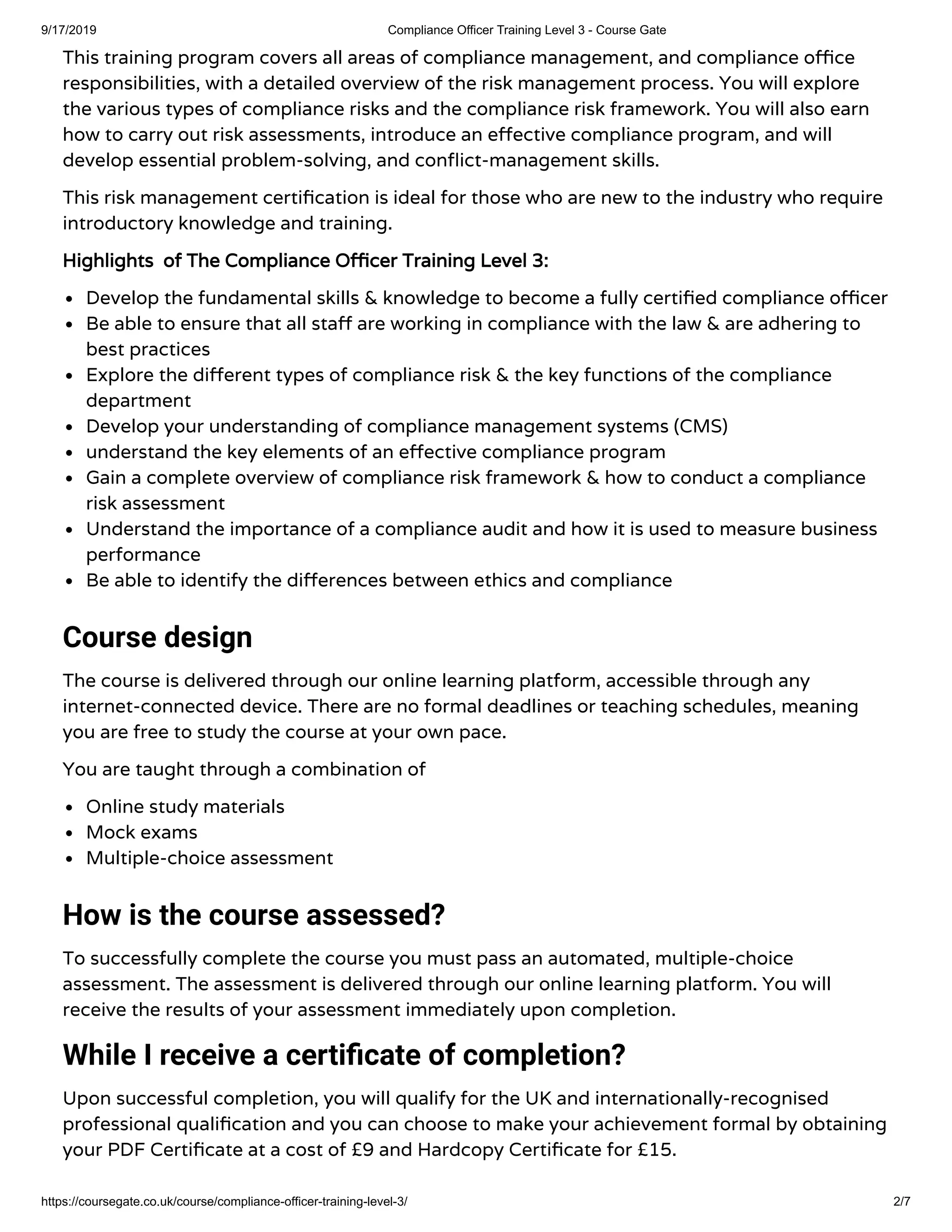Compliance Officer Training Level 3 - Course Gate | PDF