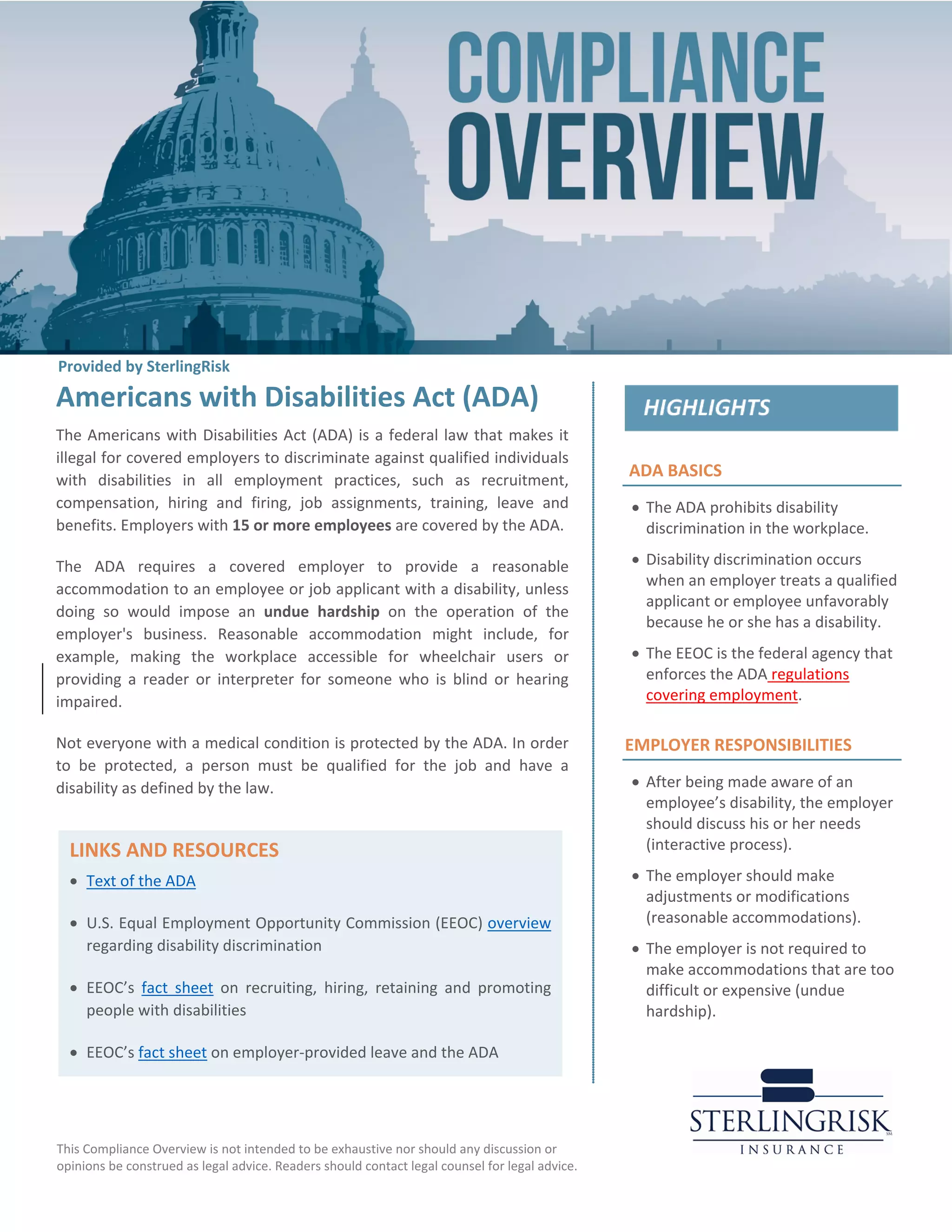 Compliance Overview - Americans with Disabilities Act (ADA) | PDF