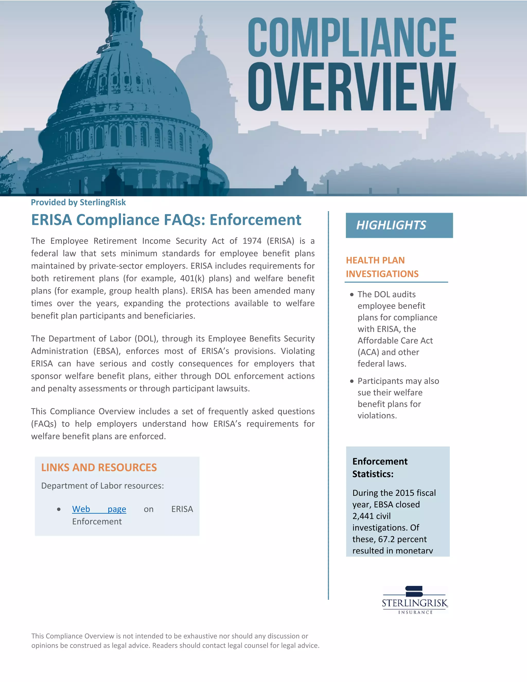 Compliance Overview - ERISA Compliance FAQs: Enforcement | PDF | Personal Taxes | Personal Finance