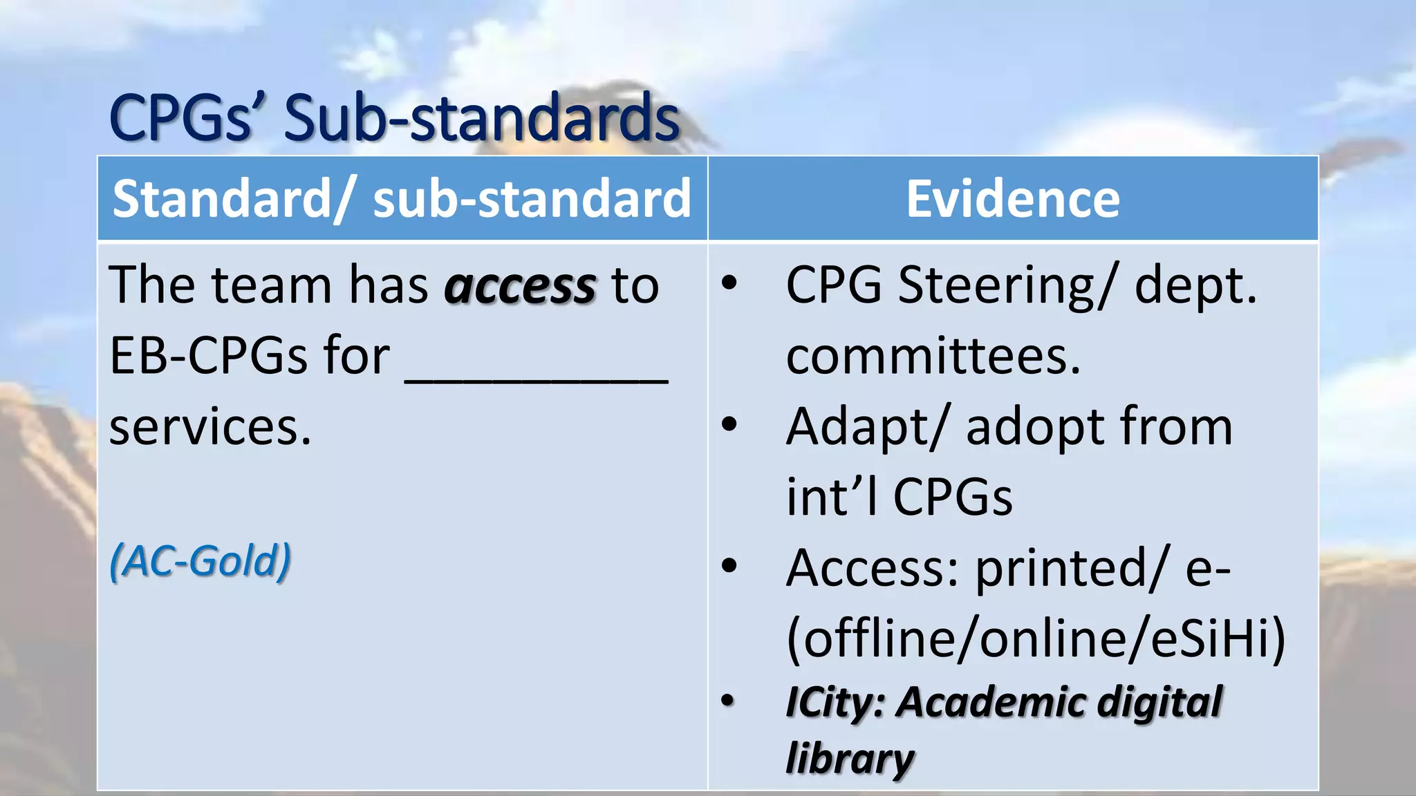 Compliance with CPGs-related QI accreditation standards | PPTX
