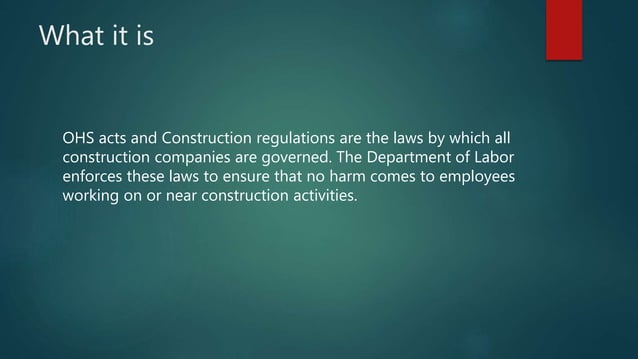 Compliance with ohs acts and construction regulations | PPTX | Construction Industry | Industries
