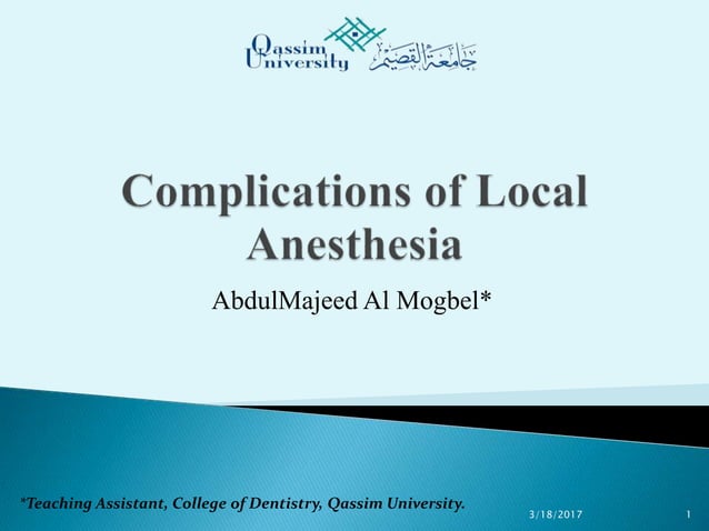 Complications of Local Anesthesia | PPTX | First Aid | Injuries