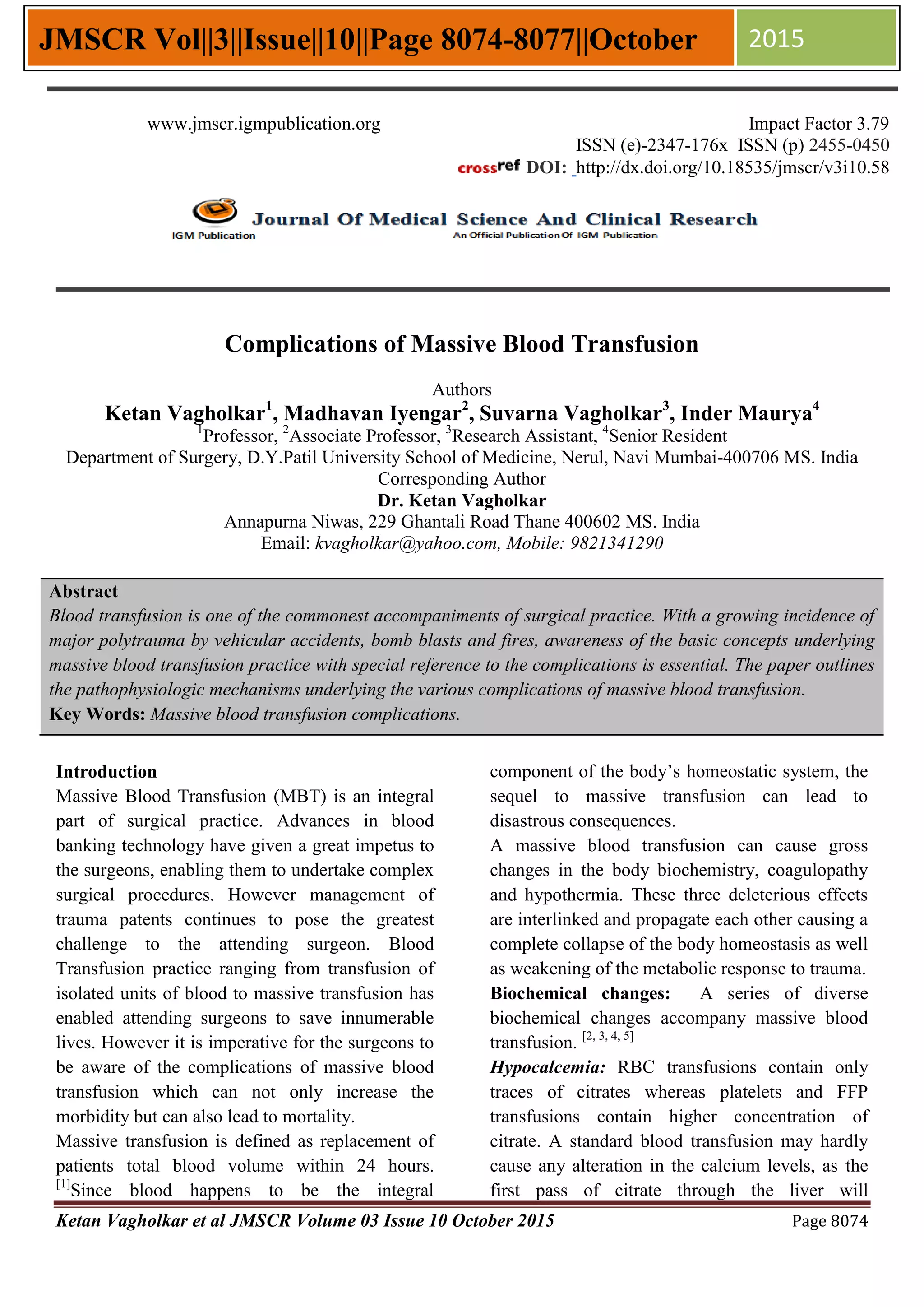 Complications of massive blood transfusion | PDF