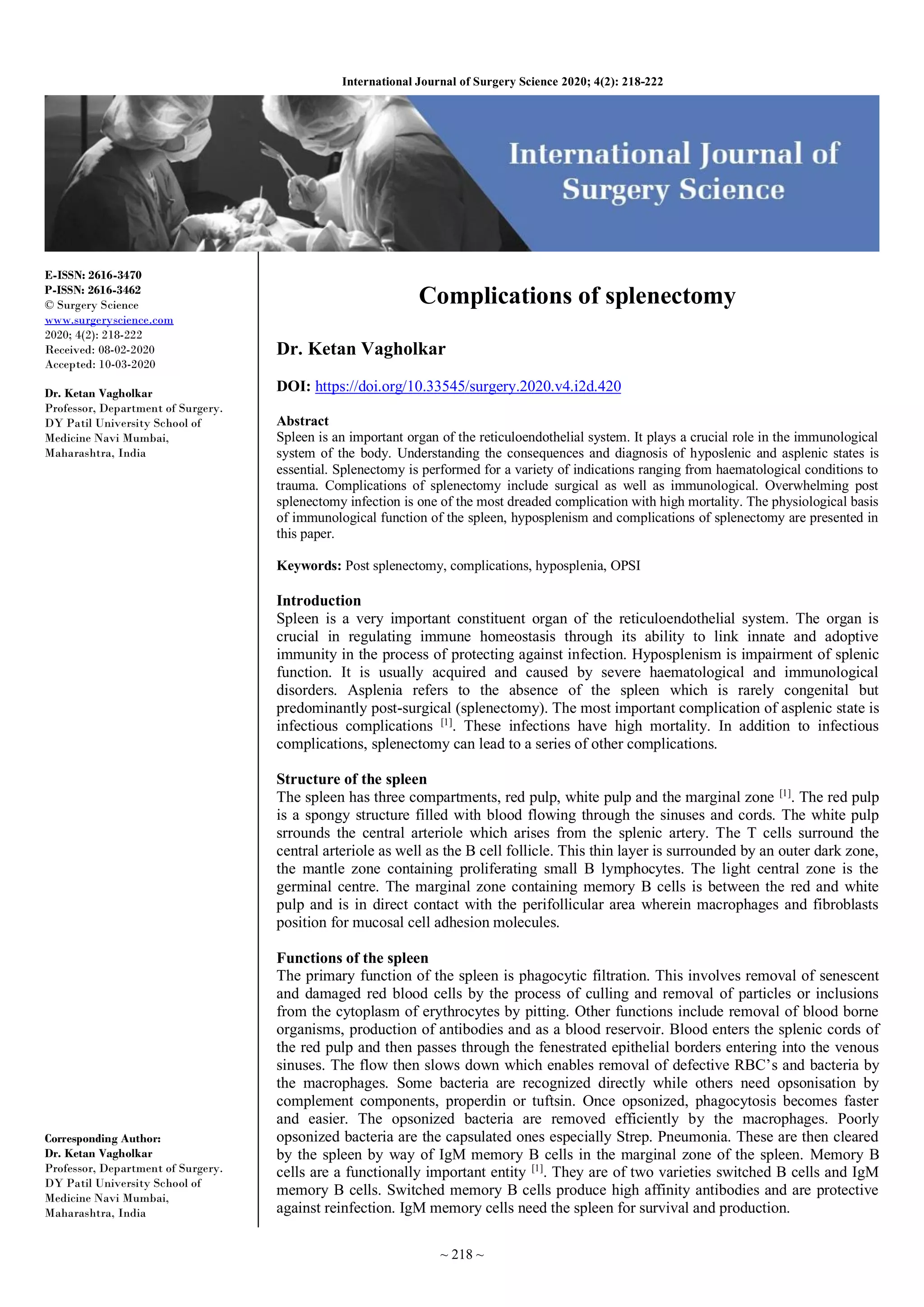 Complications of splenectomy | PDF